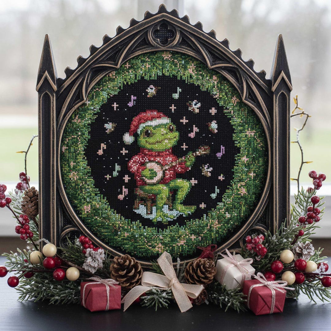 Musical Christmas Frog Cross Stitch Pattern: Festive Wreath, Banjo ...
