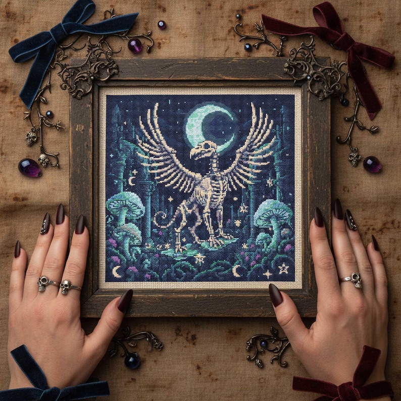 Dark Fantasy Cross Stitch: Skeletal Winged Creature With Moon ...