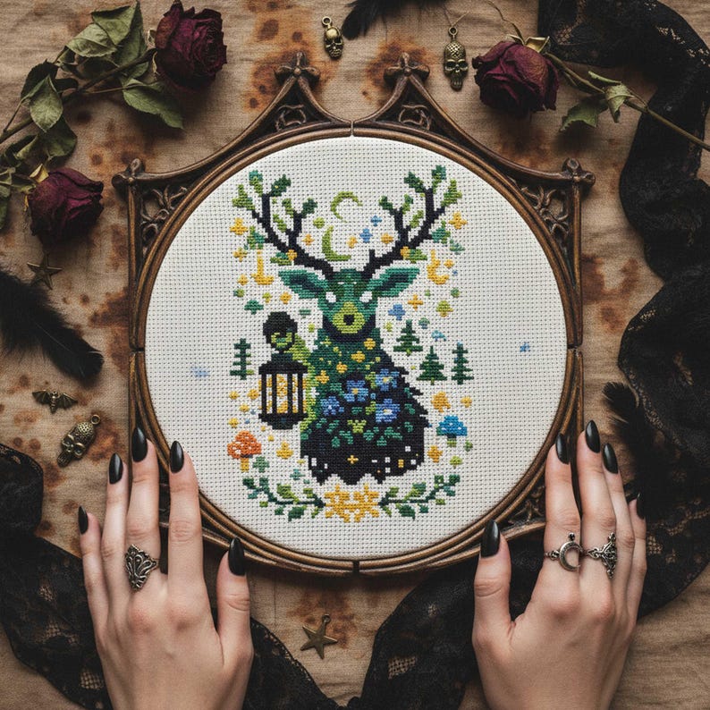 Gothic Woodland Cross Stitch: Enchanted Stag With Lantern and Stars ...