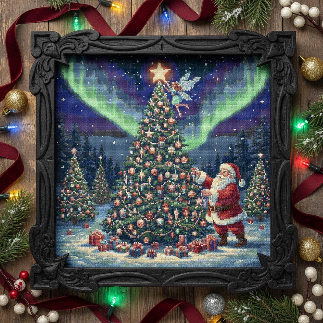Santa Decorating Christmas Tree Cross Stitch Pattern: Aurora Sky ...