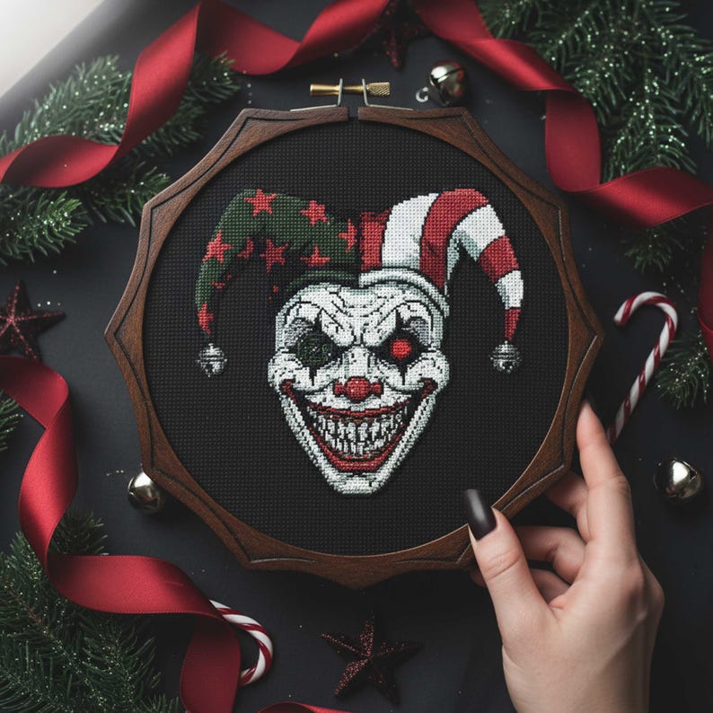 Creepy Jester Clown Cross Stitch Pattern: Sinister Carnival Mask Horror ...