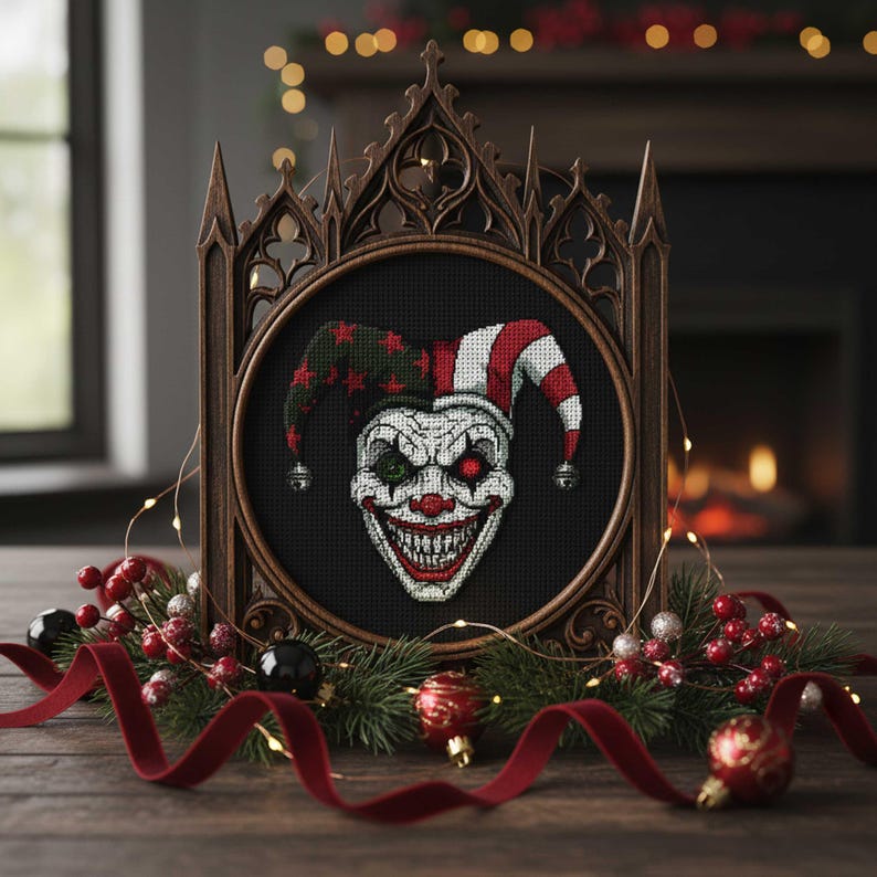 Creepy Jester Clown Cross Stitch Pattern: Sinister Carnival Mask Horror ...