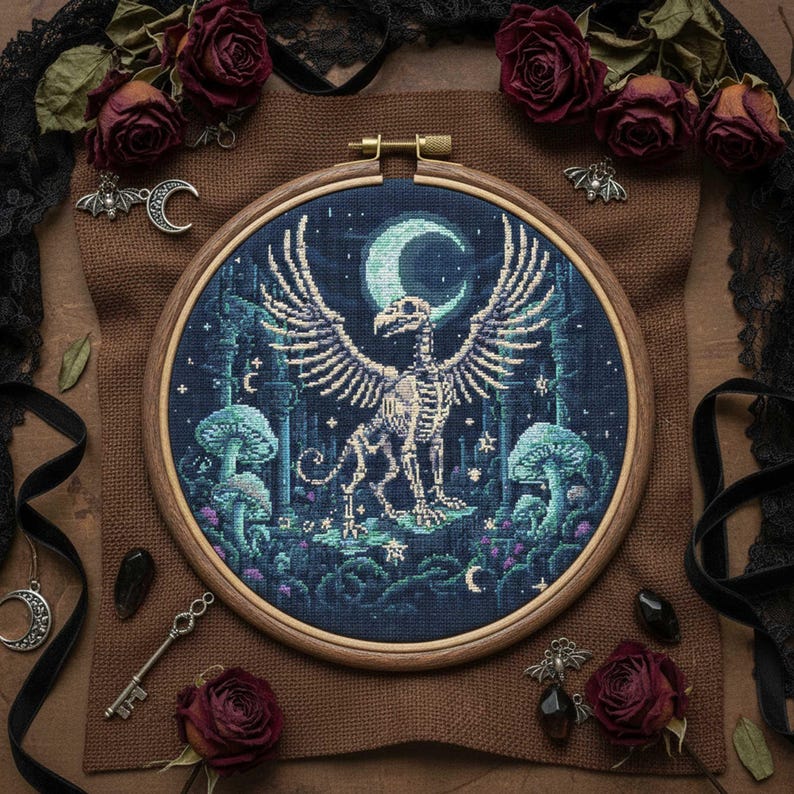 Dark Fantasy Cross Stitch: Skeletal Winged Creature With Moon ...