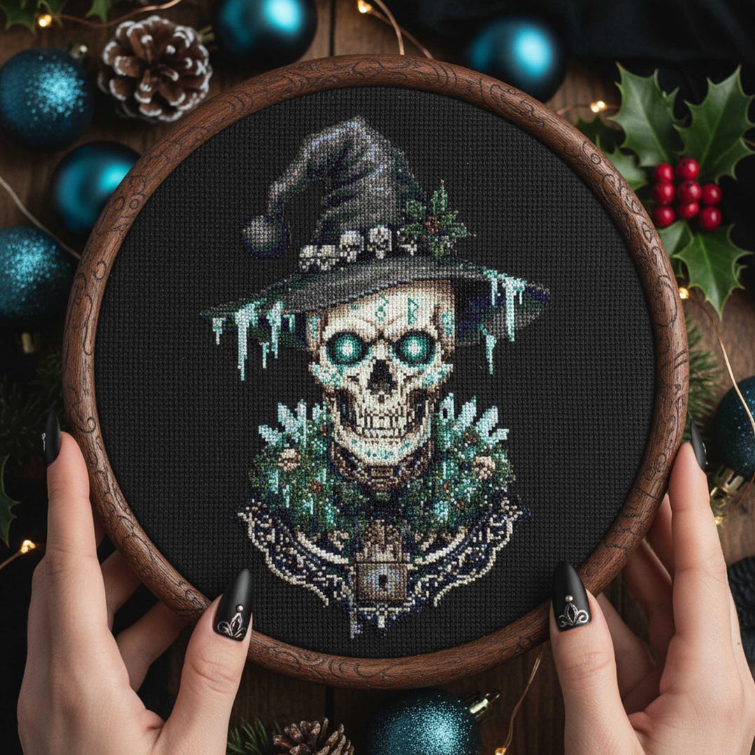 Frozen Skull Wizard Cross Stitch Pattern: Dark Christmas Sorcerer ...