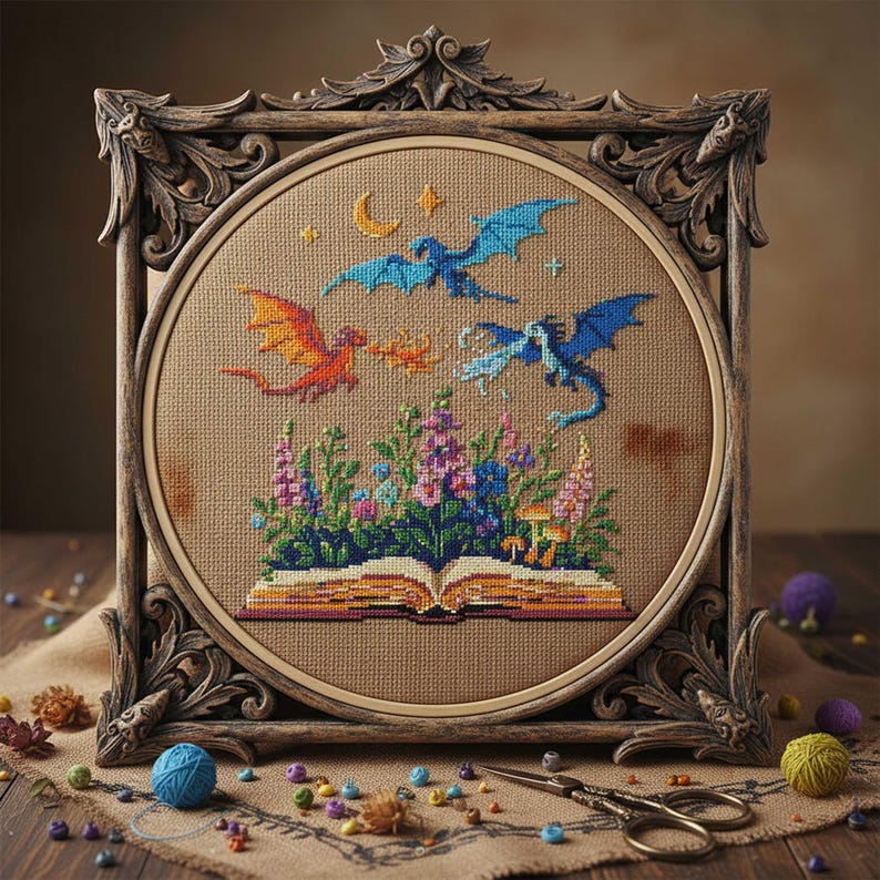 Elemental Dragons Cross Stitch: Fantasy Dragons Flying Over Enchanted ...