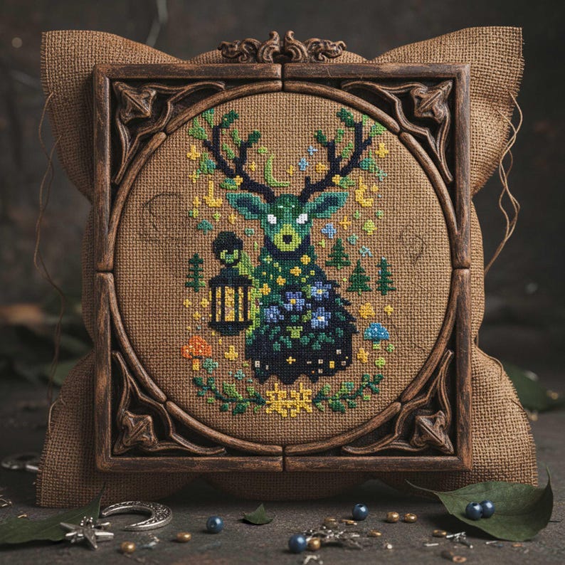 Gothic Woodland Cross Stitch: Enchanted Stag With Lantern and Stars ...
