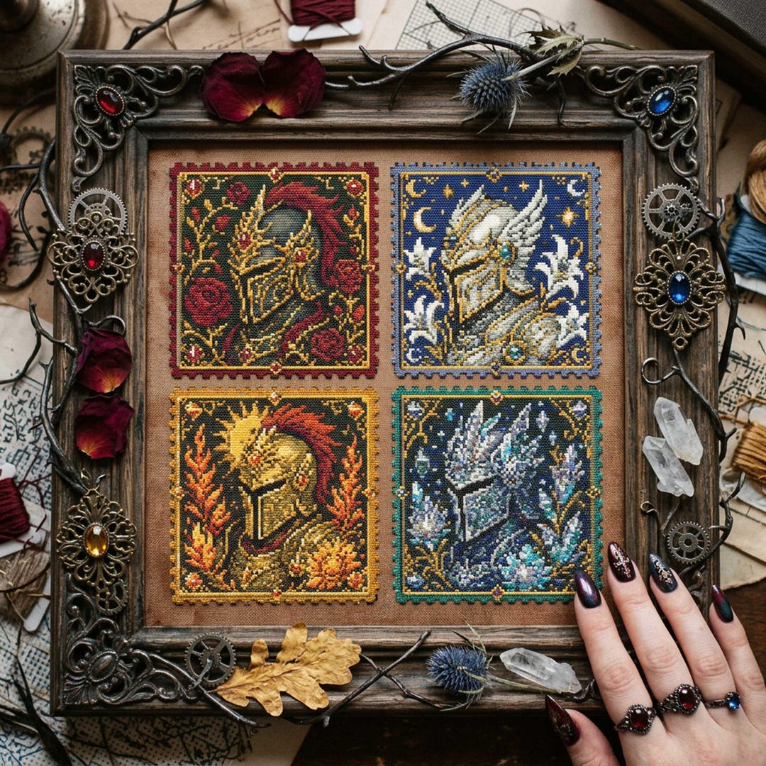 Fantasy Knight Stamp Cross Stitch Pattern Set: Rose, Moon, Sun, Ice ...