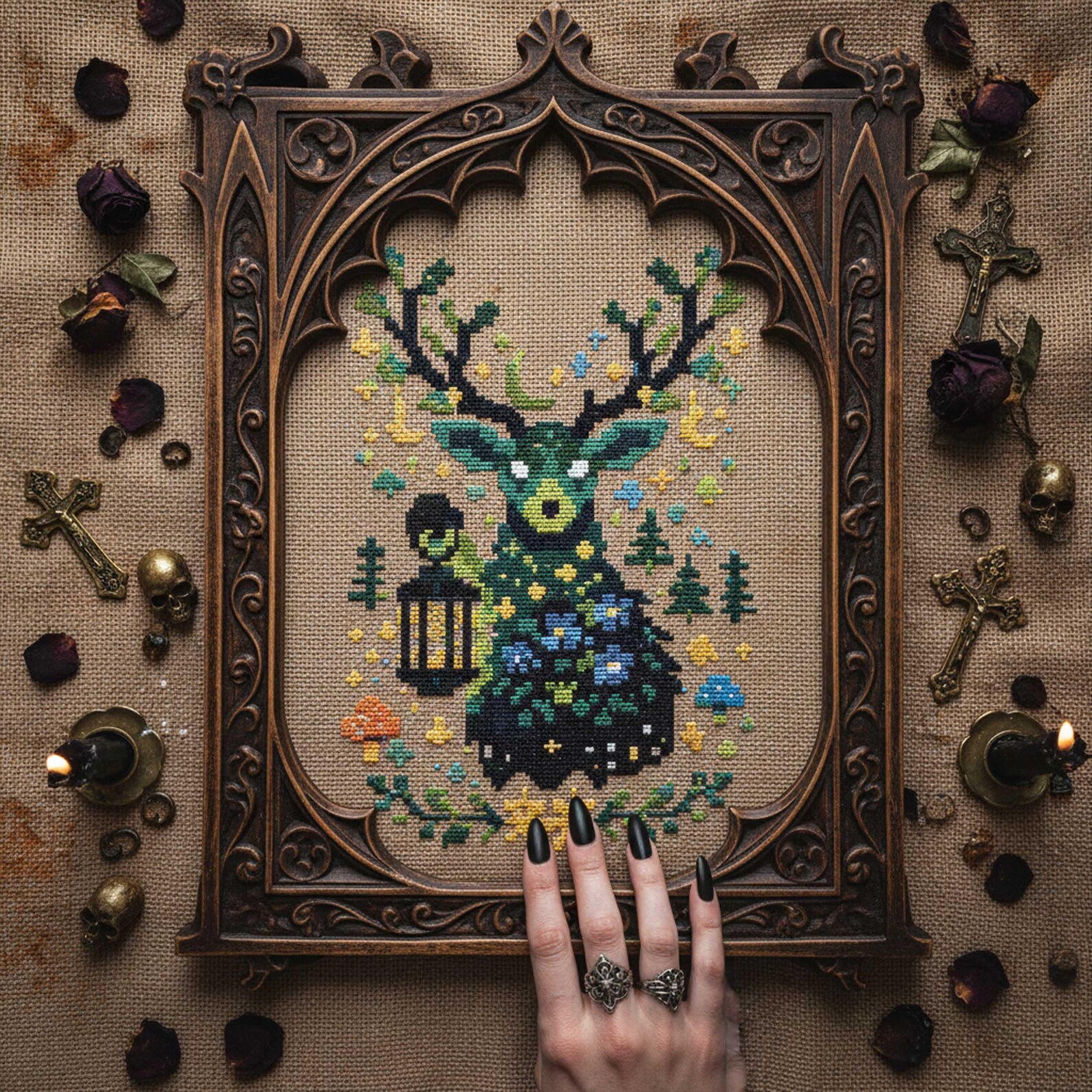 Gothic Woodland Cross Stitch: Enchanted Stag With Lantern and Stars ...