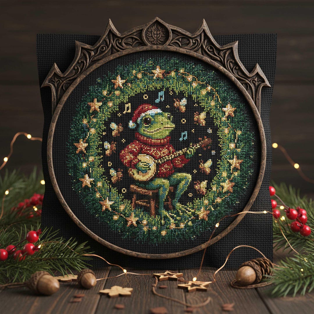 Musical Christmas Frog Cross Stitch Pattern: Banjo, Stars & Holiday ...