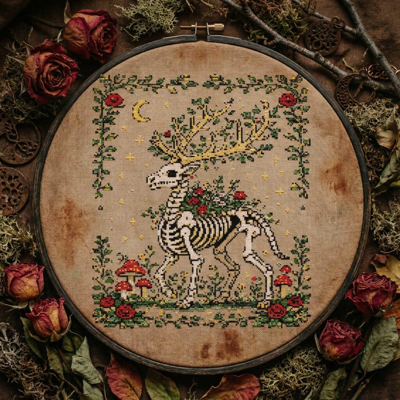Dark Nature Cross Stitch: Skeletal Stag With Flowers and Antlers ...