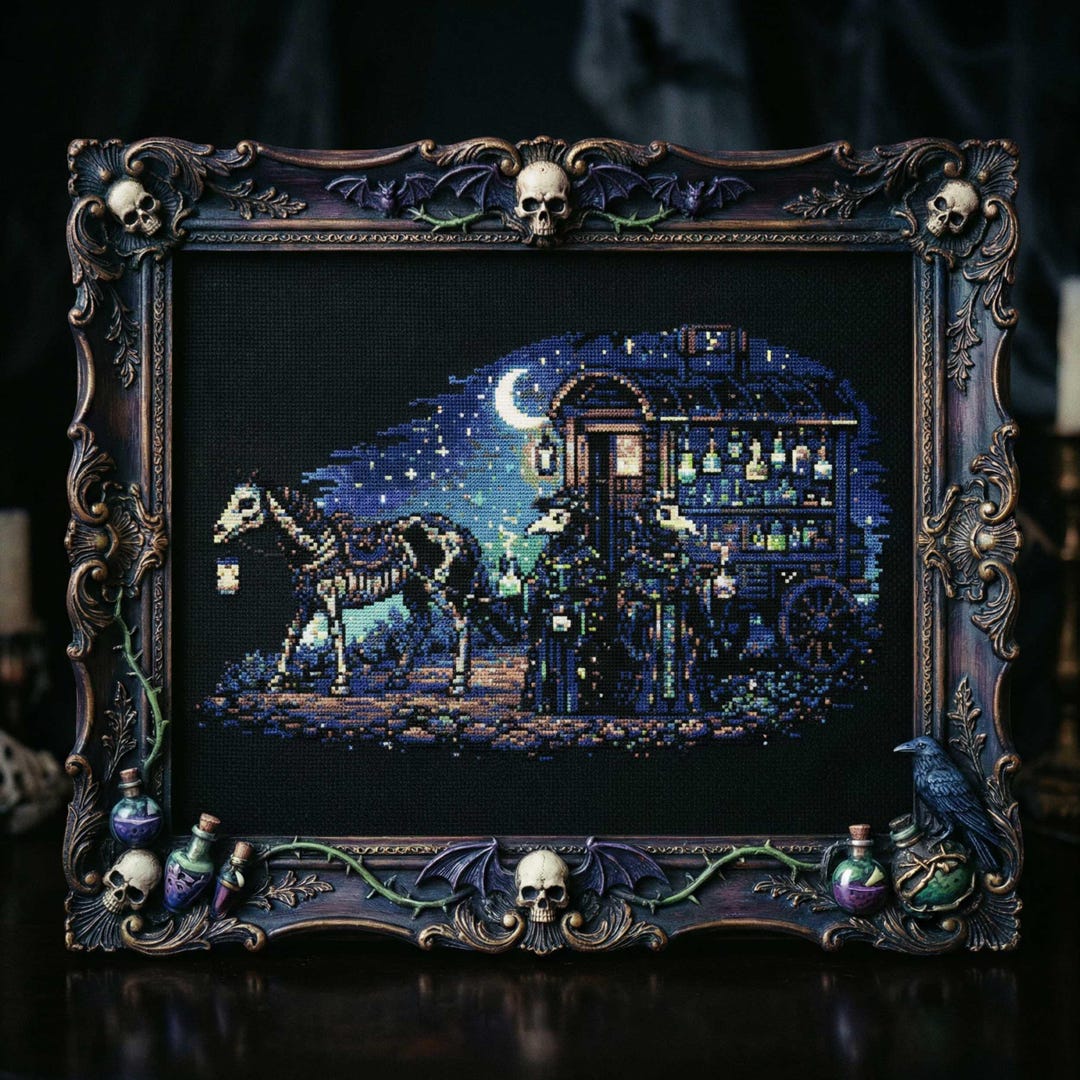 Gothic Caravan Cross Stitch Pattern: Skeleton Horse Alchemy Wagon Night ...