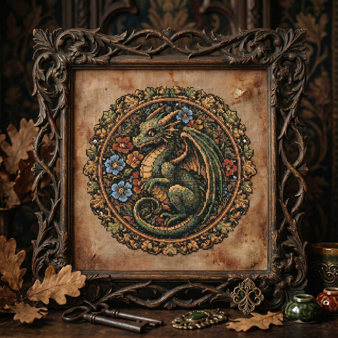 Botanical Dragon Cross Stitch Pattern: Curled Green Dragon in Flower ...