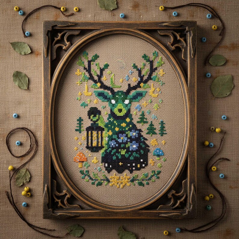 Gothic Woodland Cross Stitch: Enchanted Stag With Lantern and Stars ...