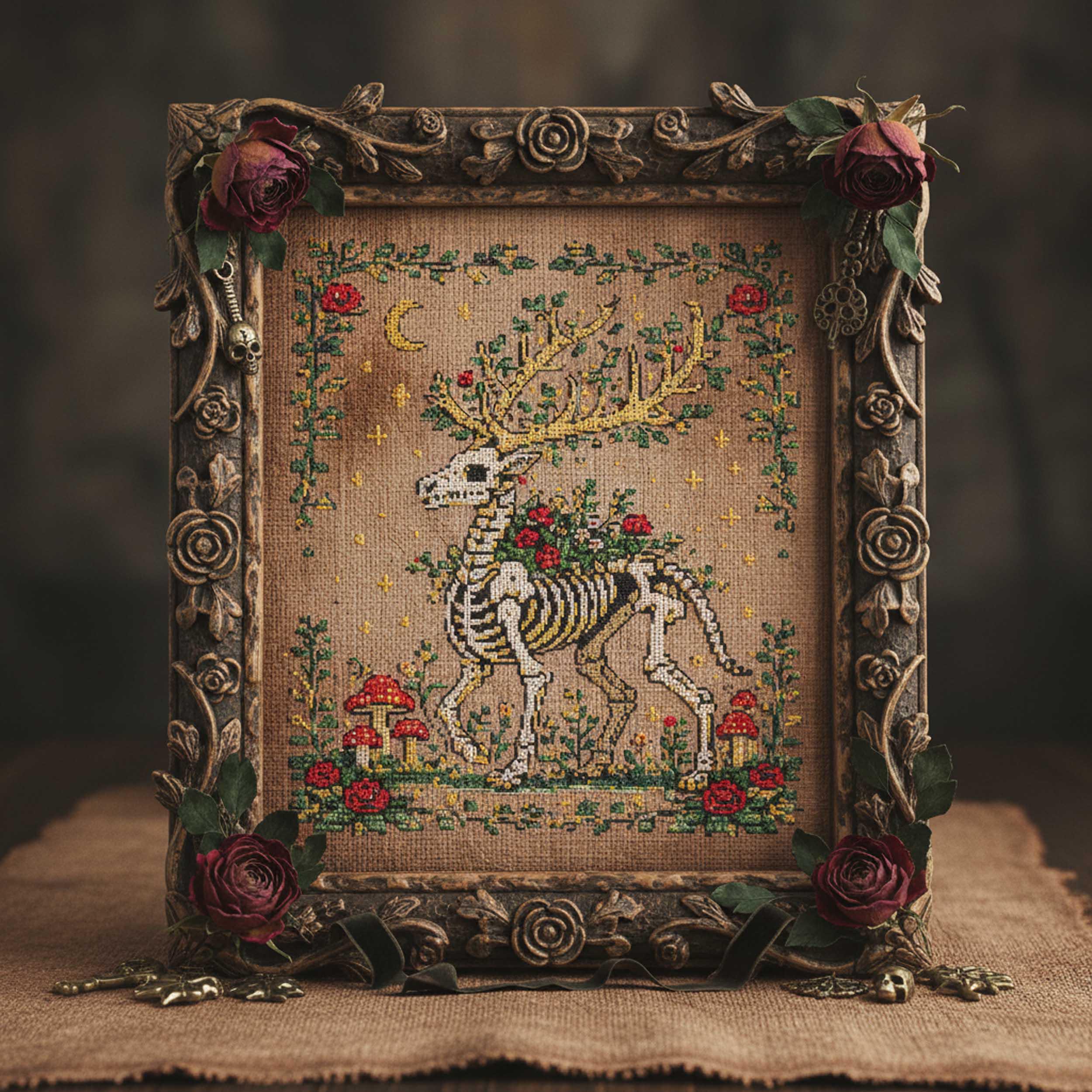 Dark Nature Cross Stitch: Skeletal Stag With Flowers and Antlers ...