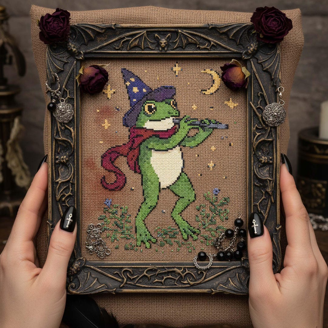 Wizard Frog Flute Cross Stitch Pattern: Whimsical Fantasy Embroidery ...