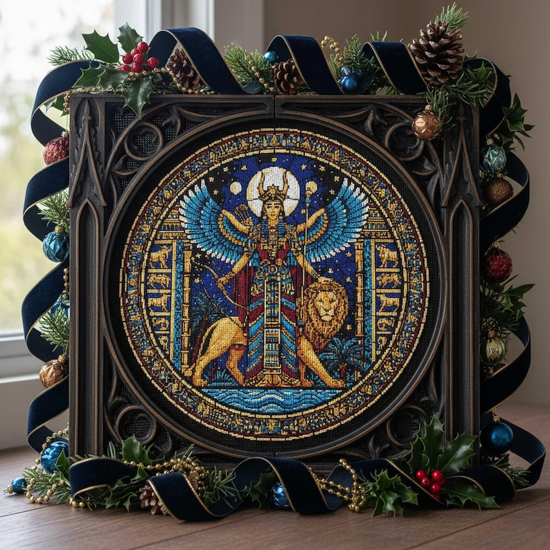 Mesopotamian Goddess Cross Stitch Pattern – Sacred Lion, Crescent Moons ...