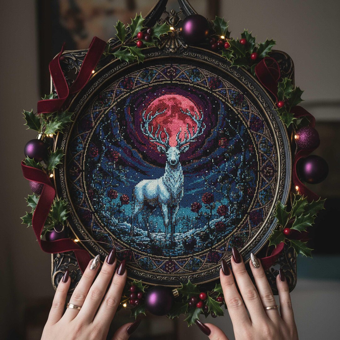 Mystic Winter Stag Cross Stitch Pattern: Red Moon & Dark Forest Fantasy ...