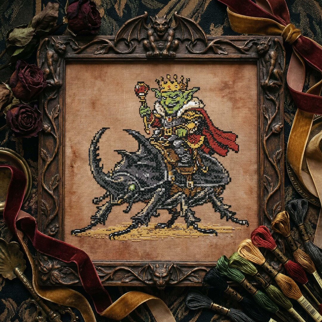Goblin King Cross Stitch Pattern: Dark Fantasy Goblin Rider on Giant ...