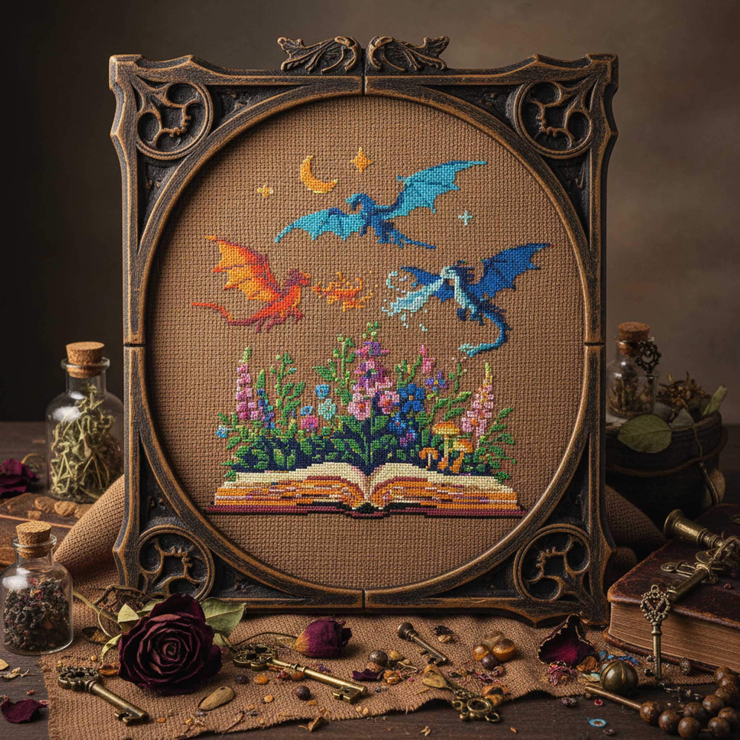 Elemental Dragons Cross Stitch: Fantasy Dragons Flying Over Enchanted ...