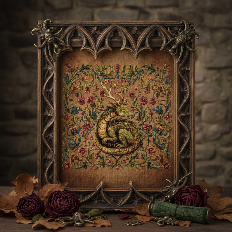 Botanical Dragon Cross Stitch: Curled Green Dragon With Flowers ...