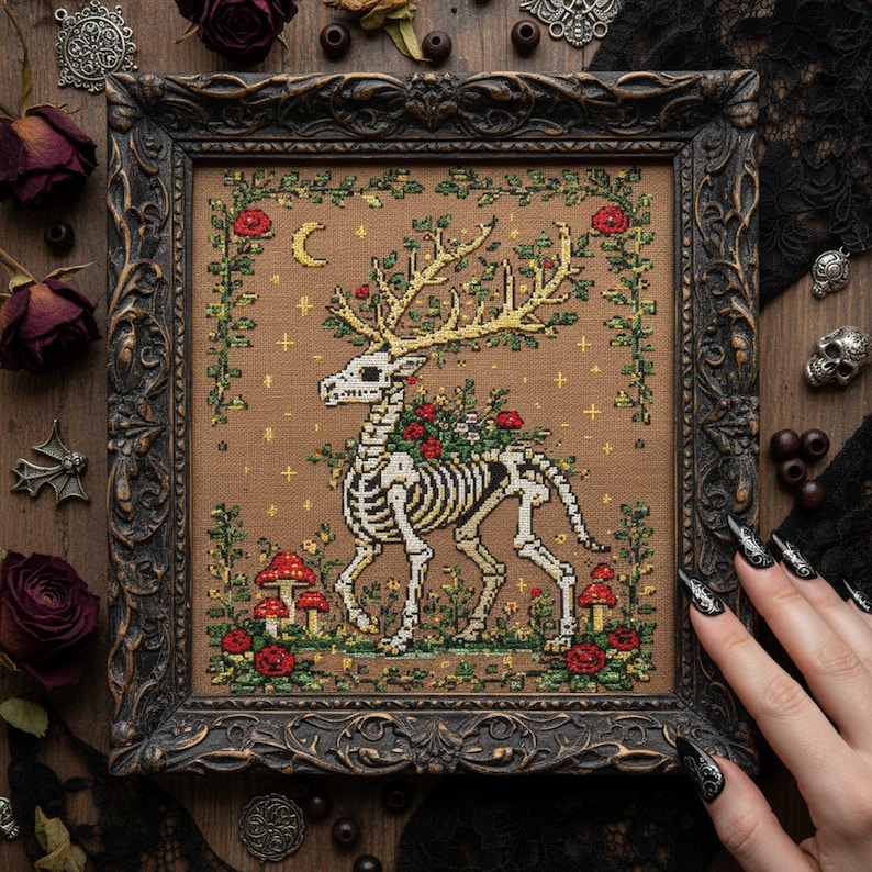 Dark Nature Cross Stitch: Skeletal Stag With Flowers and Antlers ...