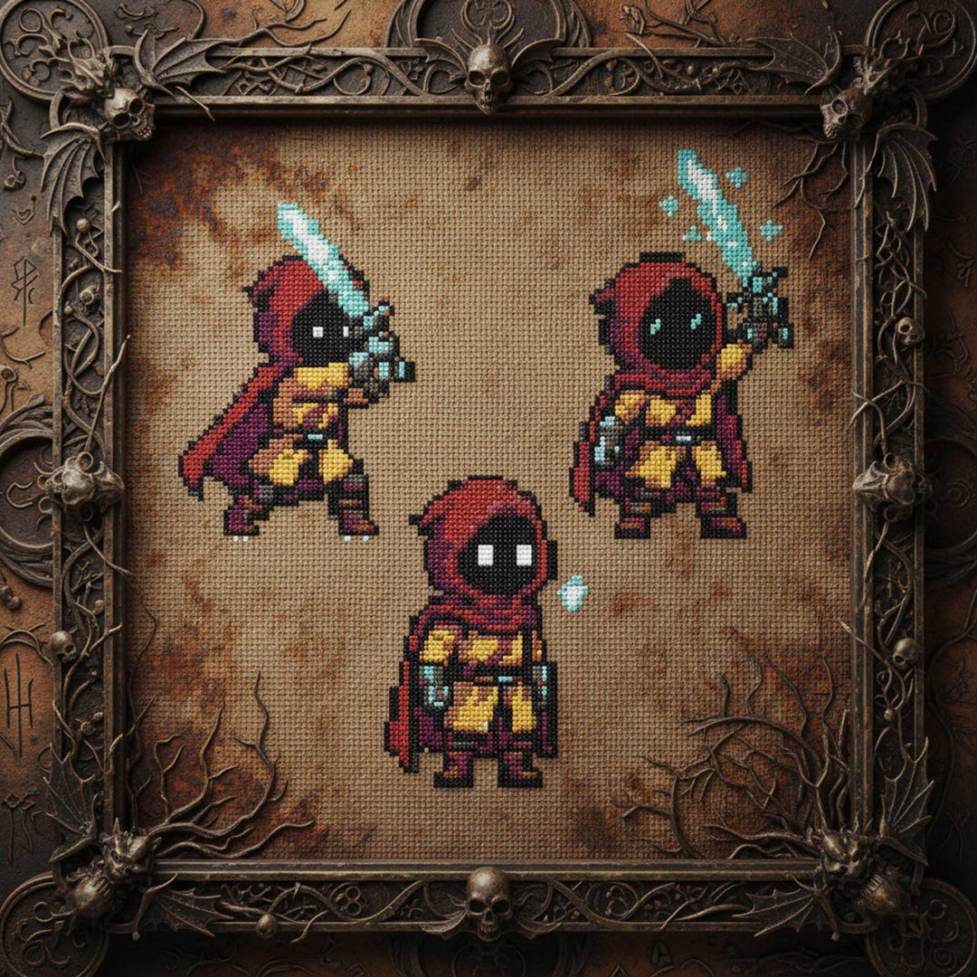 Pixel Adventurer Cross Stitch Pattern: Hooded Warrior Trio With Glowing ...