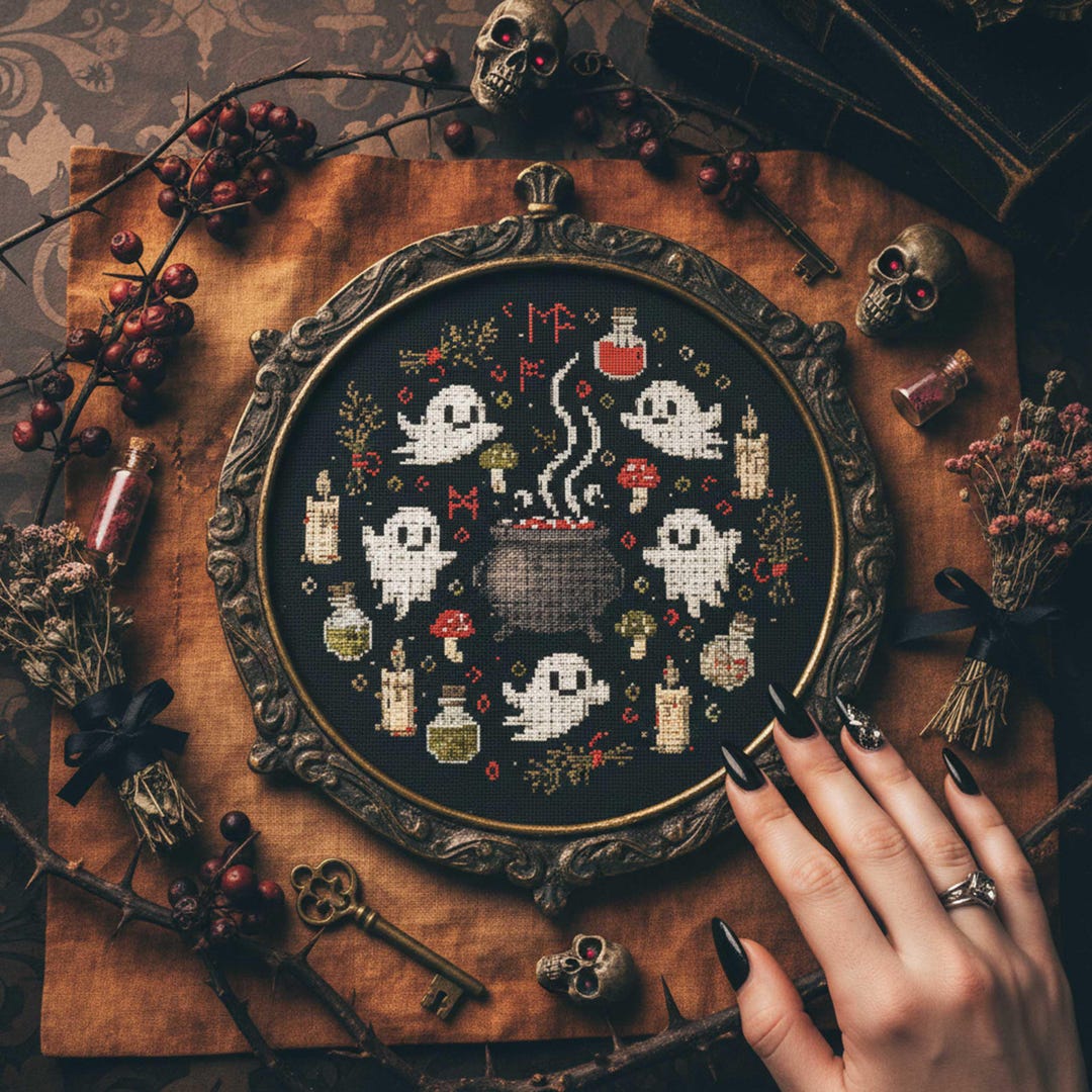Ghost Cauldron Cross Stitch Pattern: Halloween Potion Embroidery (PDF ...