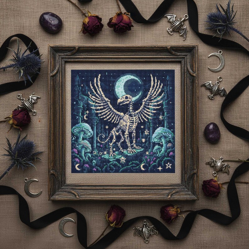 Dark Fantasy Cross Stitch: Skeletal Winged Creature With Moon ...