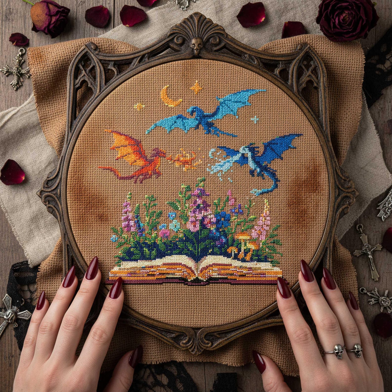 Elemental Dragons Cross Stitch: Fantasy Dragons Flying Over Enchanted ...