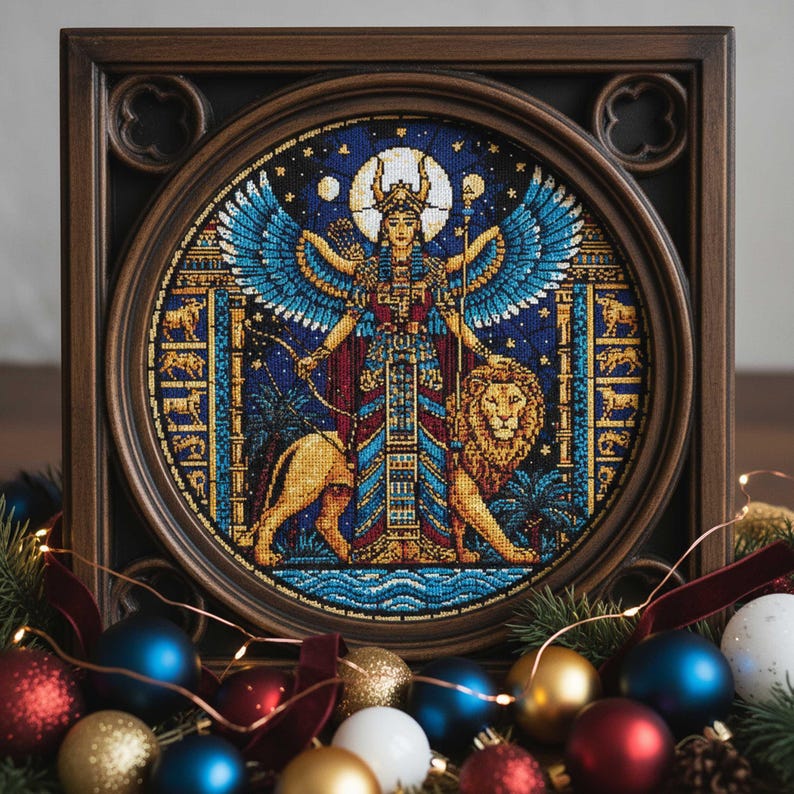 Mesopotamian Goddess Cross Stitch Pattern – Sacred Lion, Crescent Moons ...