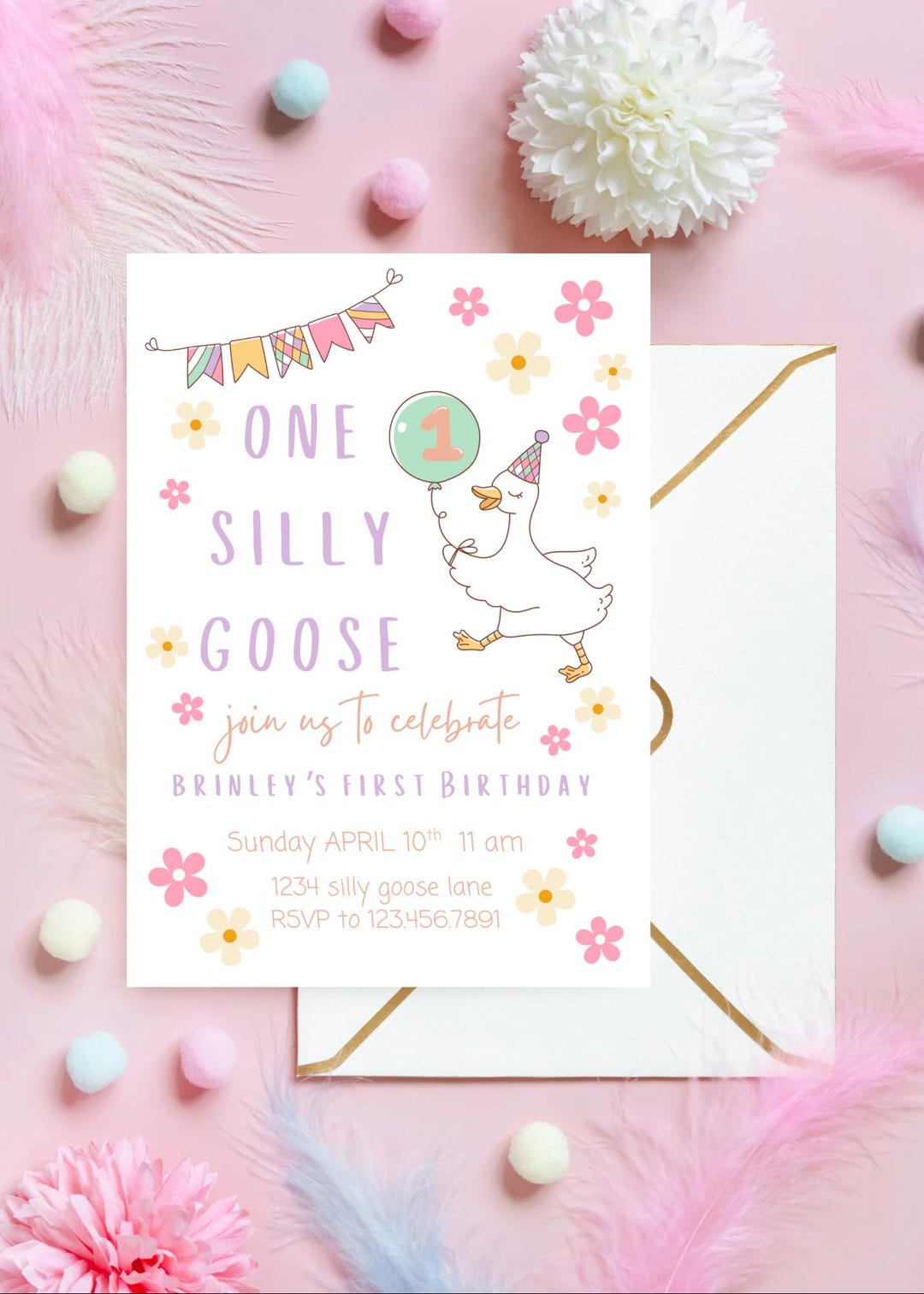 One Silly Goose First Birthday Daisy Pastel Invitation - Etsy