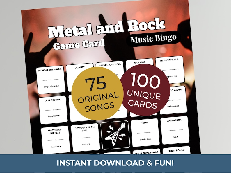 Metal and Rock MUSIC BINGO | 100 Cards • 75 Songs • Spotify Playlist ...