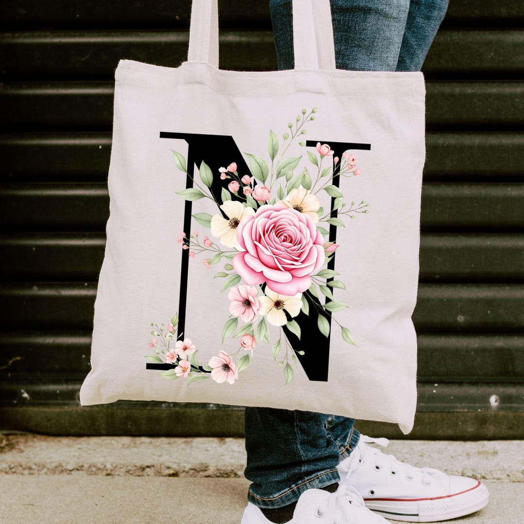 Plant Lover Gift | Letter N Floral Alphabet | Natural Tote Bag - Etsy