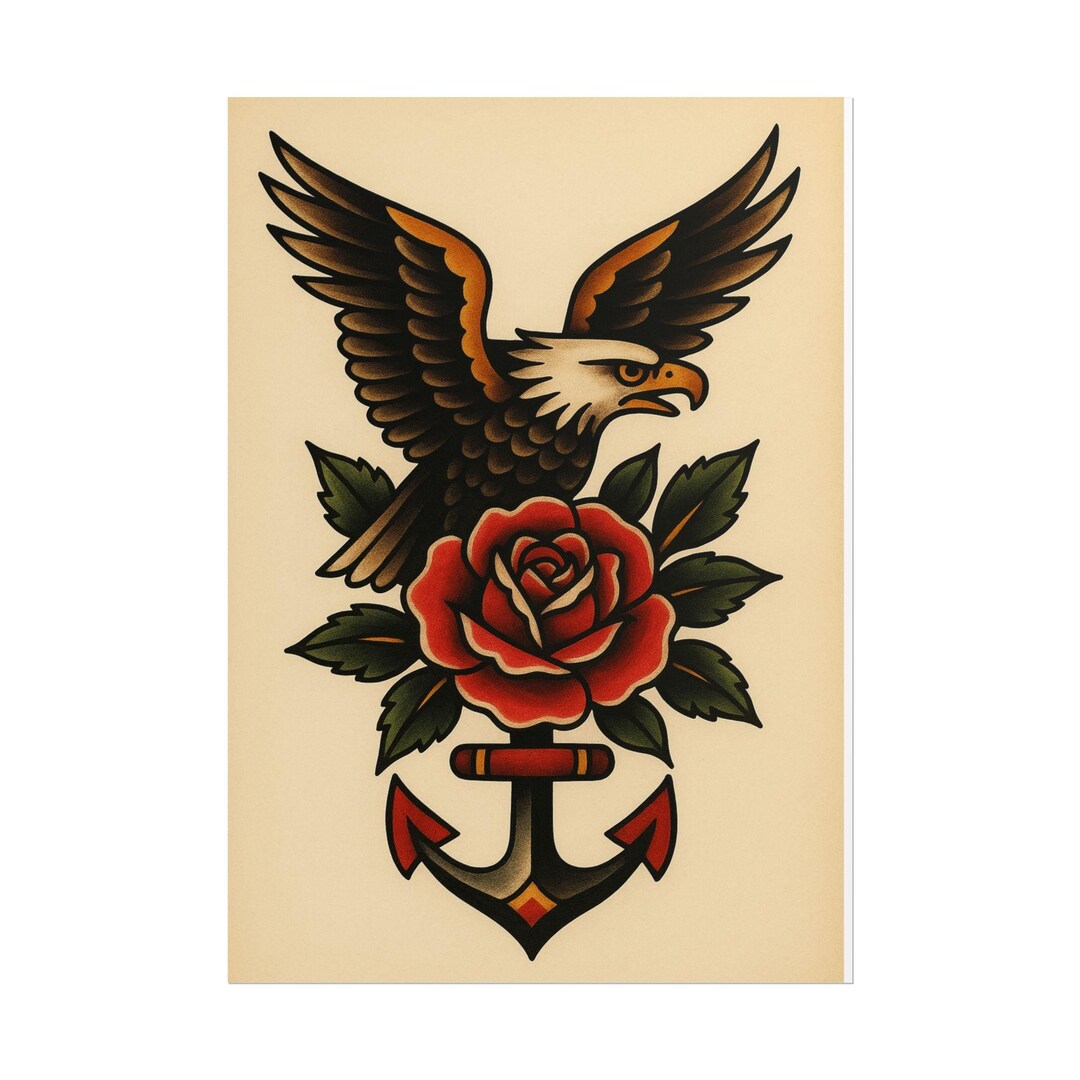 Traditional Eagle Rose Anchor Poster | Vintage Tattoo Flash Art - Etsy