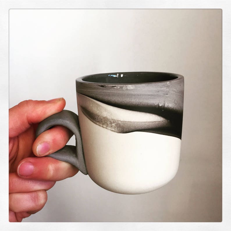 Unique Ceramic Mug with Ergonomic Handle Marbled Black and | Etsy