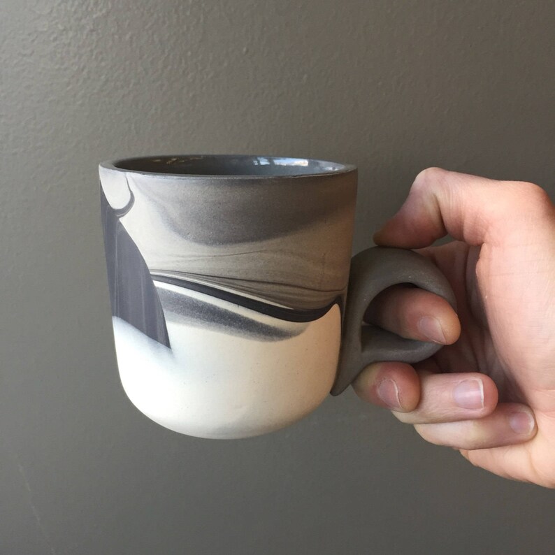 Unique Ceramic Mug with Ergonomic Handle Marbled Black and | Etsy