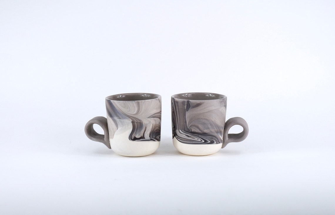 Unique Ceramic Mug With Ergonomic Handle Marbled Black and - Etsy