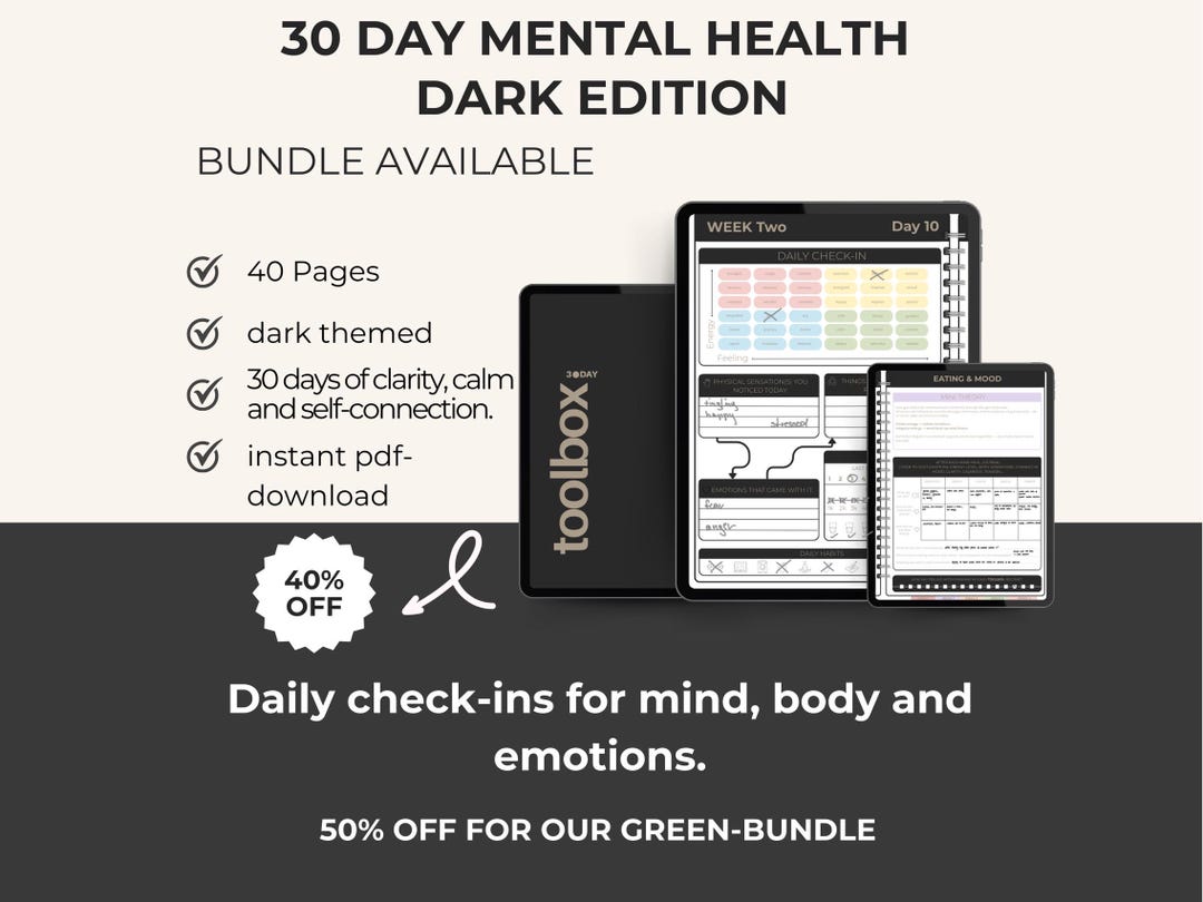 30 Day Mental Health Analyzer | Dark Mode | Self Care Planner ...