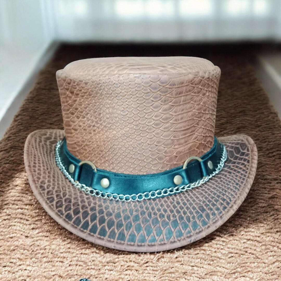 Handmade Beige Faux Snakeskin Leather Top Hat Steampunk Western Style ...