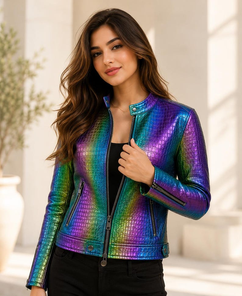 Rainbow Crocodile Leather Jacket, Genuine Leather, Multicolor, Handmade ...