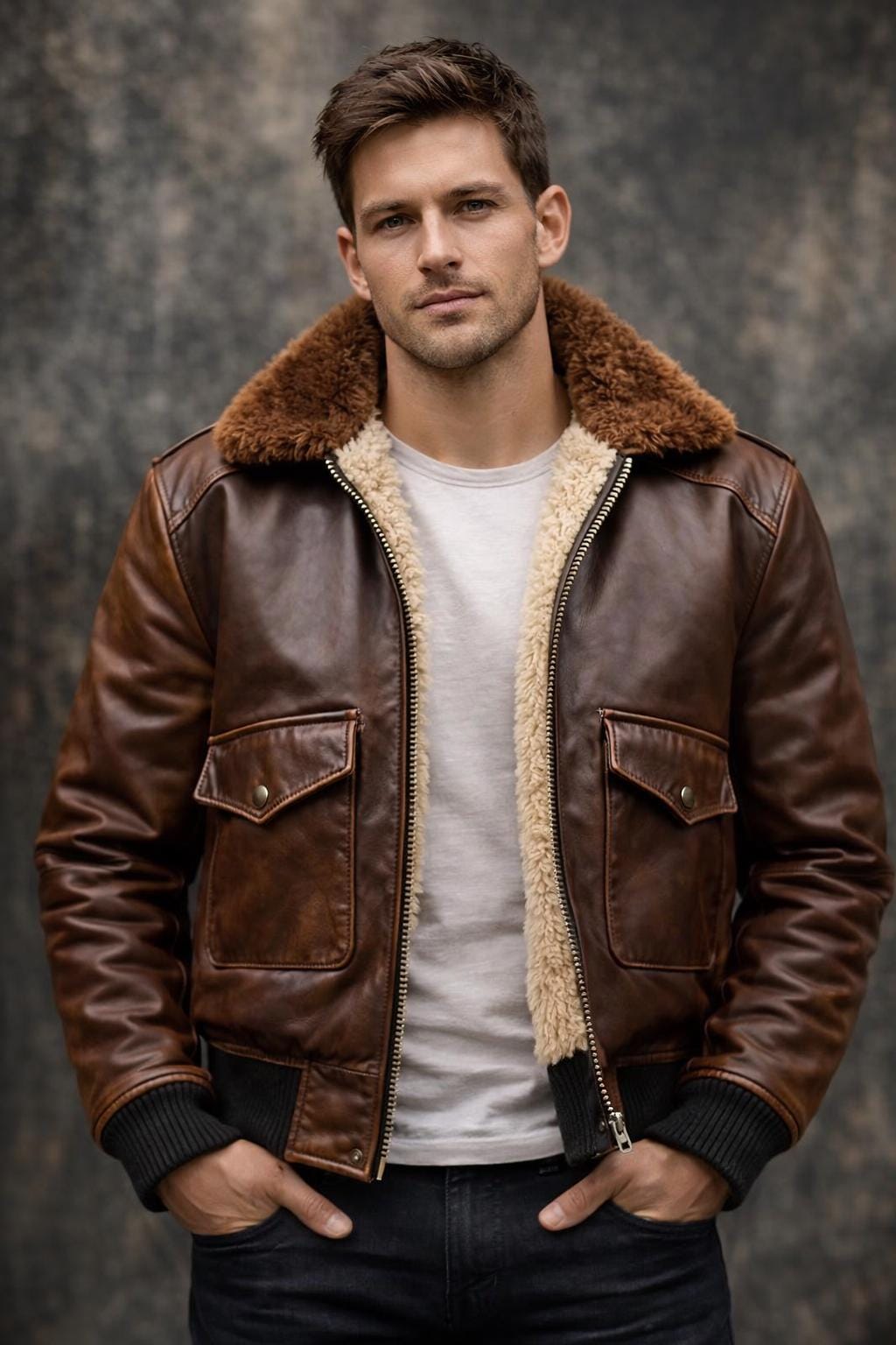 Handmade Brown Bomber Jacket Mens Aviator Style Genuine Leather Faux ...