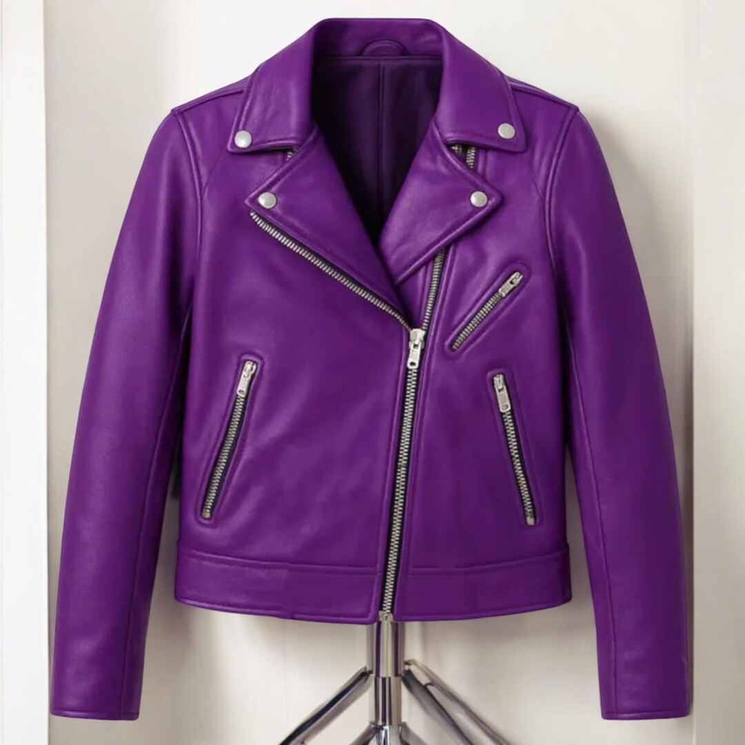 Biker Jacket Genuine Leather Purple Moto Style Handmade Womens Fashion ...