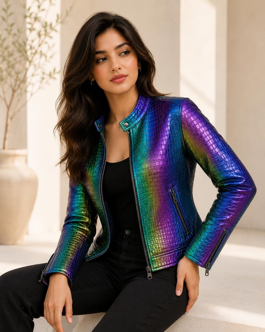 Rainbow Crocodile Leather Jacket, Genuine Leather, Multicolor, Handmade ...