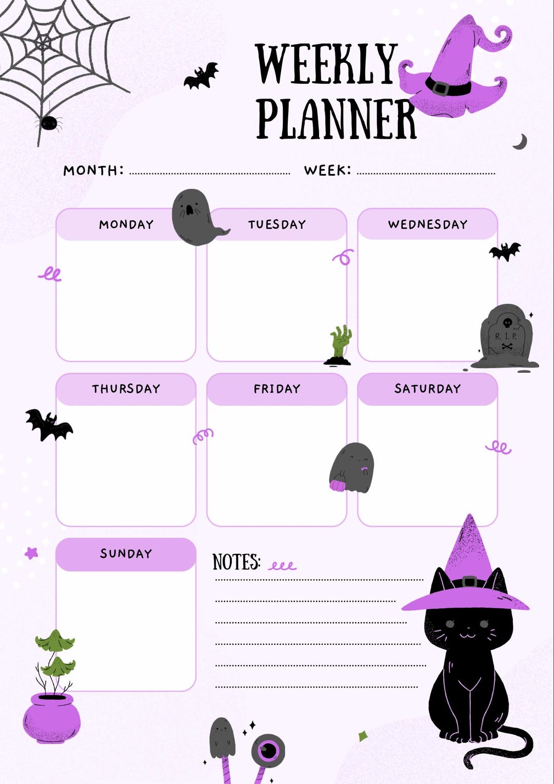 Spooky Cute Weekly Planner Printable Halloween Organizer - Pastel Witch ...