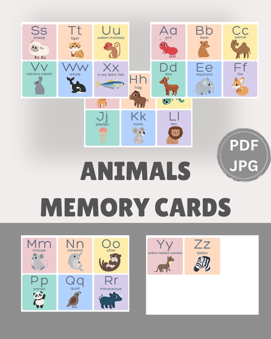 Animals Alphabet Flashcards A-Z ABC Cards Kids Learning Printable ...