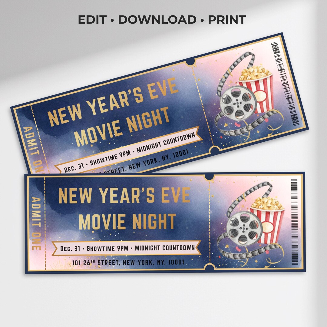 New Year’s Eve Movie Ticket Invitation, NYE Movie Night Invite ...