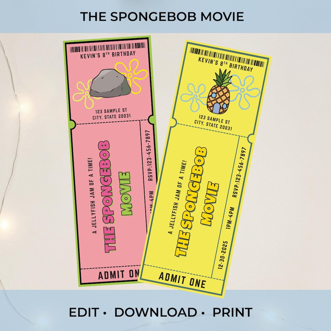 Editable Spongebob Movie Ticket Invitation, 2025 (digital Download ...