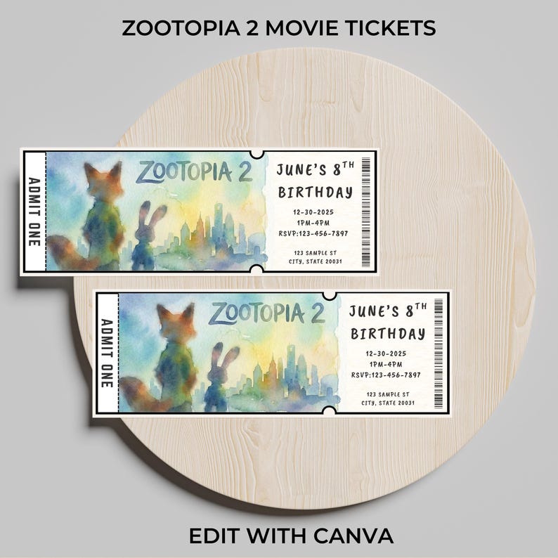 Editable Zootopia 2 Birthday Invitation, Movie Ticket Invite Template ...