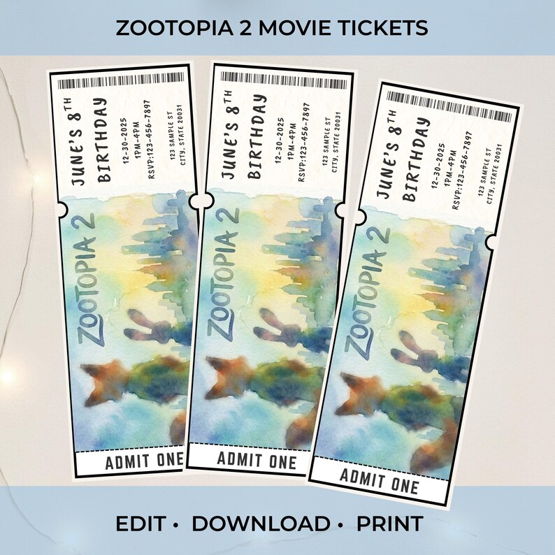 Editable Zootopia 2 Birthday Invitation, Movie Ticket Invite Template ...