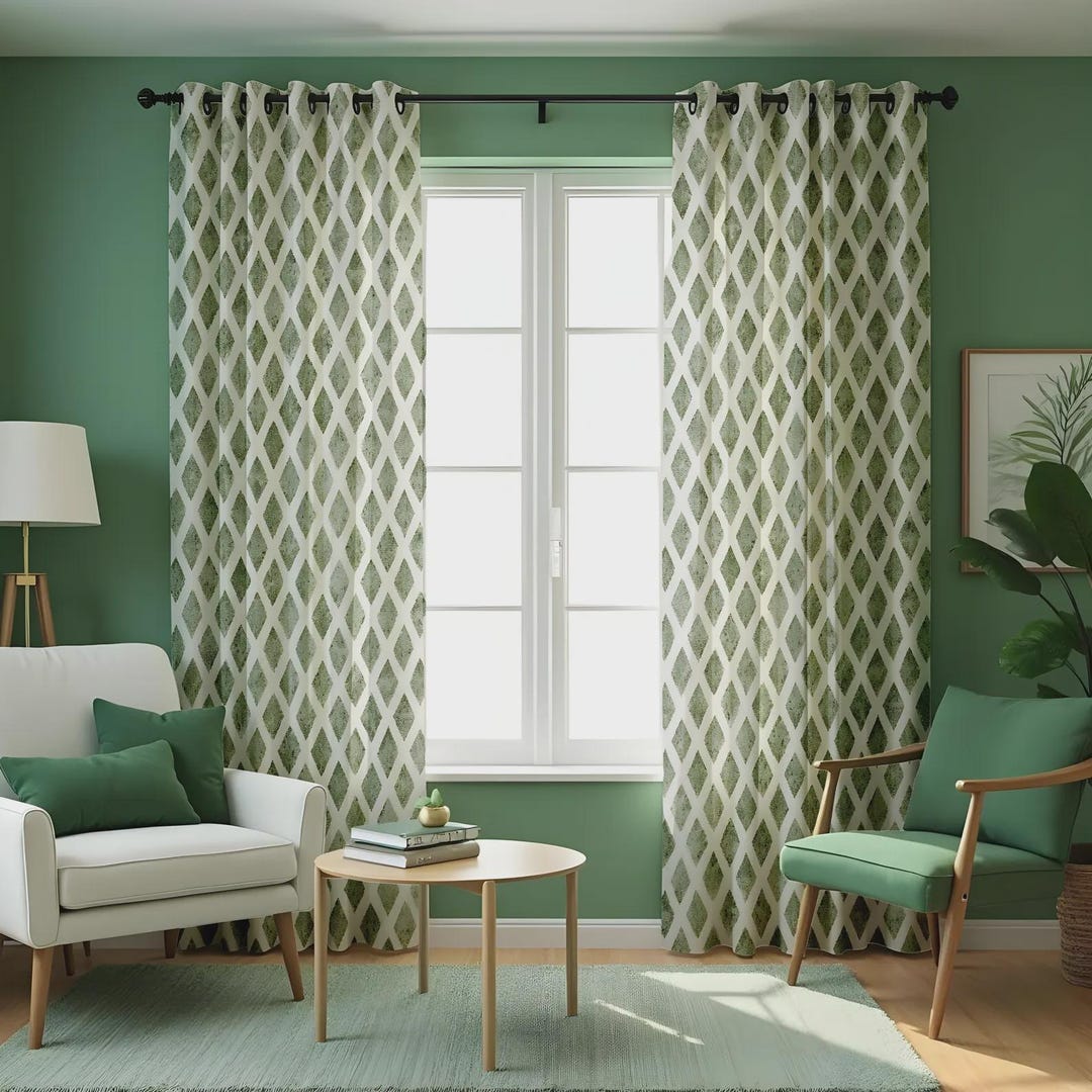 Green Geometric Curtain Panels, Modern Window Drapes, Green Living Room ...
